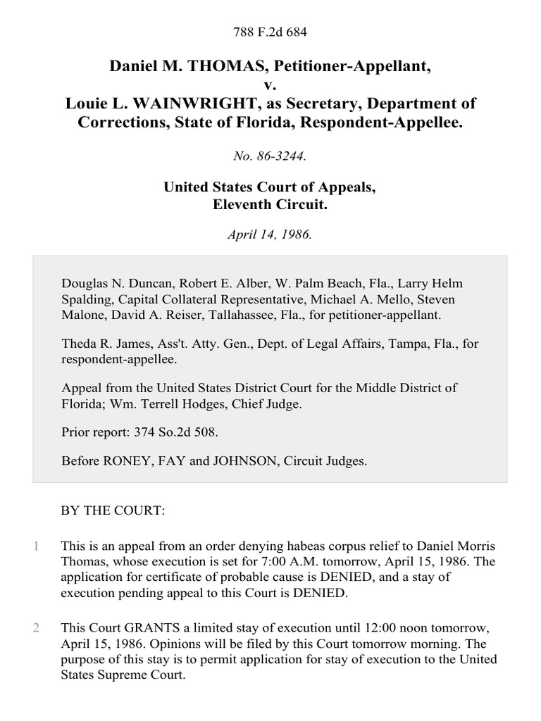 Daniel M. Thomas v. Louie L. Wainwright, As Secretary, Department of ...