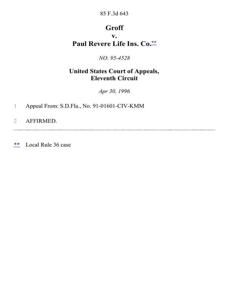 Groff v. Paul Revere Life Ins. Co., 85 F.3d 643, 11th Cir. (1996) | PDF ...