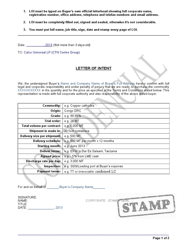 Sample LOI Copper | PDF | Business | Economies