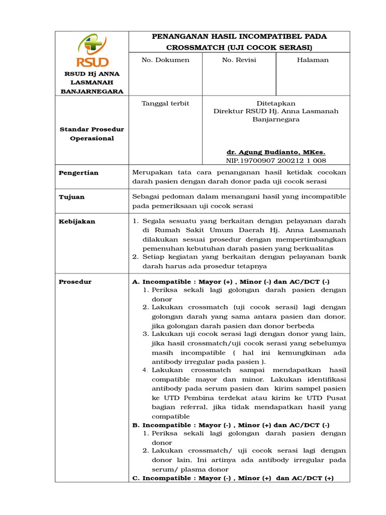 Spo Penanganan Hasil Incompatibel Pada Crossmatch (Uji Cocok Serasi) | PDF