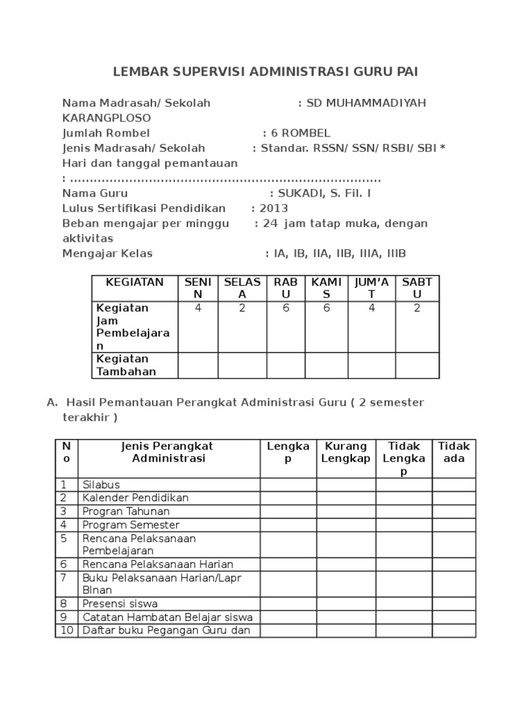 Lembar Supervisi Administrasi Guru Pai | PDF