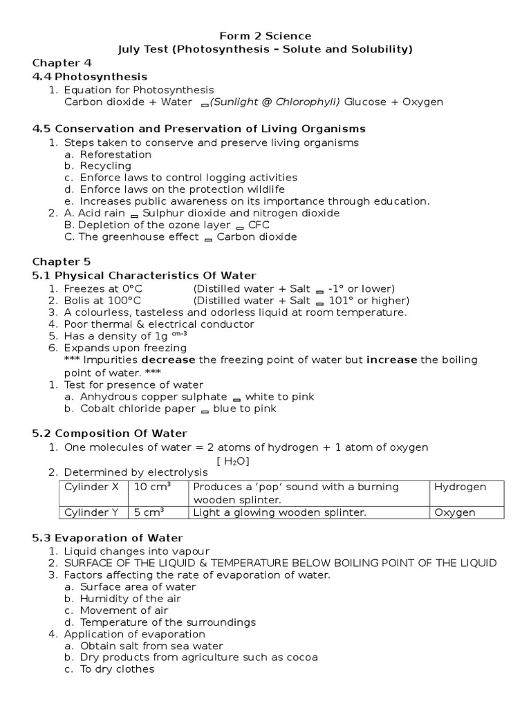 Form 2 Science July Test (Photosynthesis - Solute and Solubility) 4.4 ...