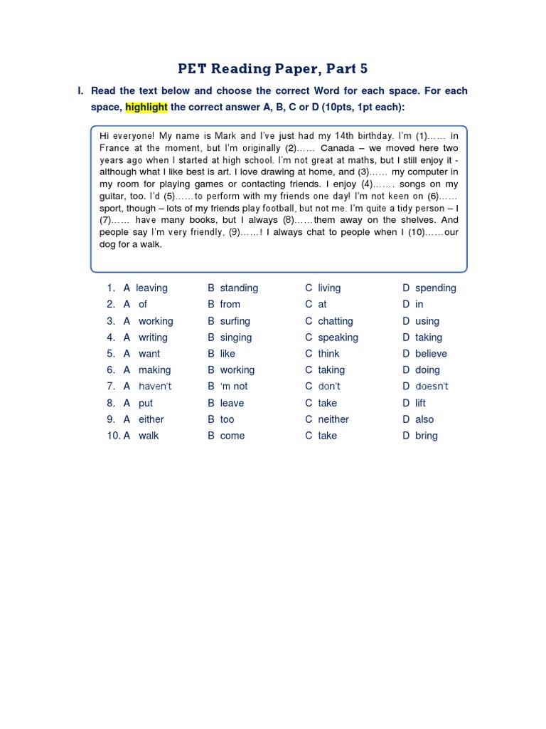 Pet Reading Part 5 - Ex 1 | PDF