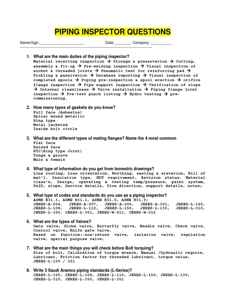 Piping Inspector Questions - 1 | PDF | Pipe (Fluid Conveyance) | Valve