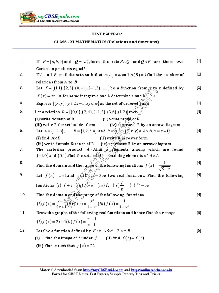 11 Mathematics Relations and Functions Test 02 PDF | PDF