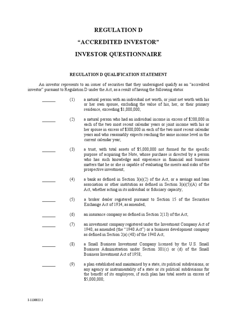 Accredited Investor Questionnaire | PDF | Employee Retirement Income ...