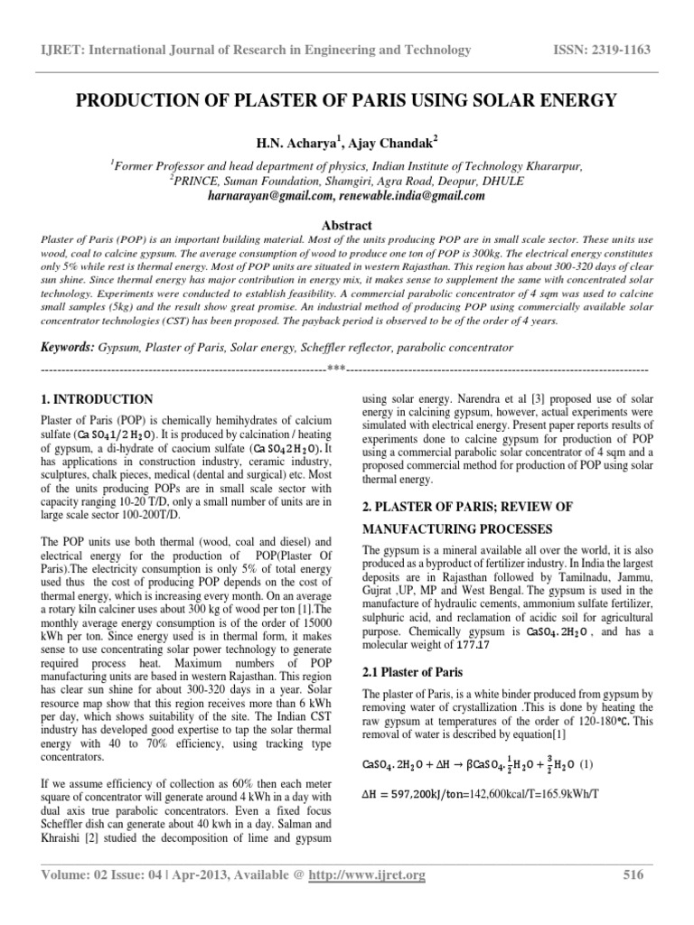 Production of Plaster of Paris Using Solar Energy | PDF | Gypsum ...