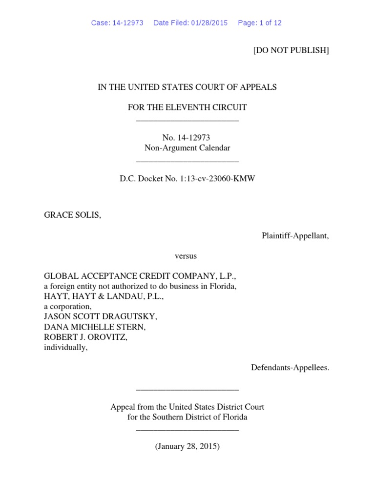 Grace Solis v. Global Acceptance Credit Company, L.P., 11th Cir. (2015 ...