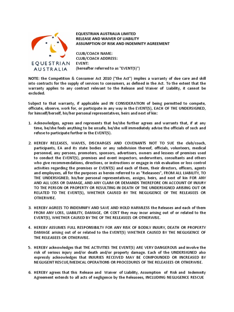 Equestrian Australia Waiver Form | PDF | Indemnity | Common Law
