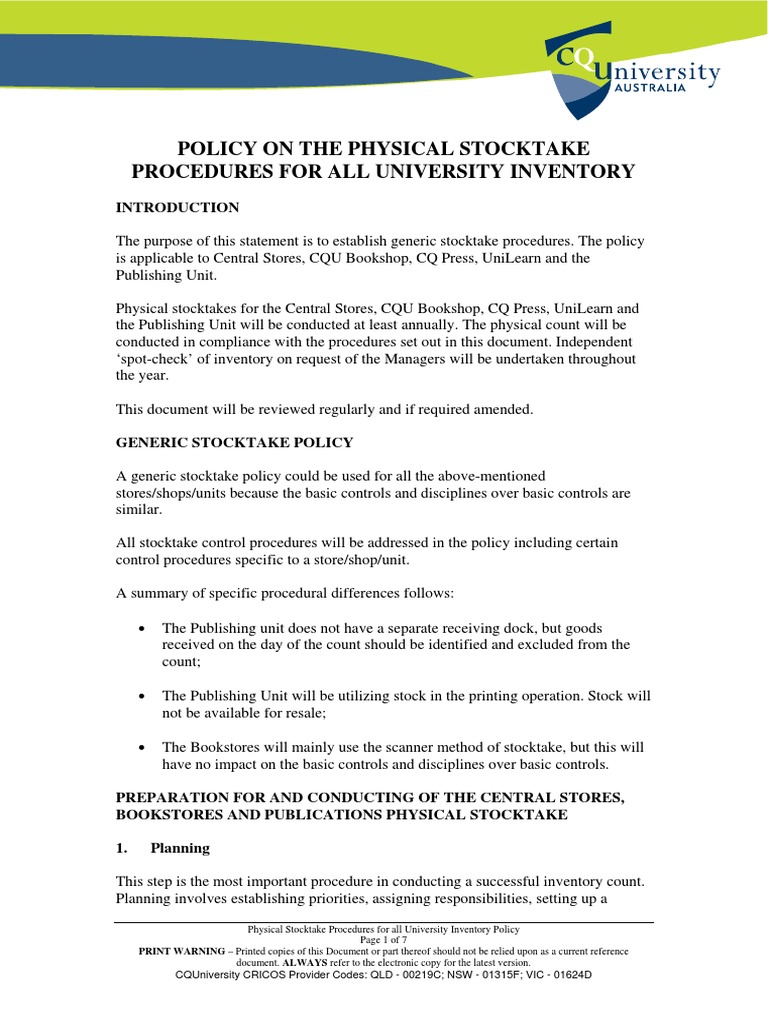 Physical Stocktake Procedures For All University Inventory | PDF ...