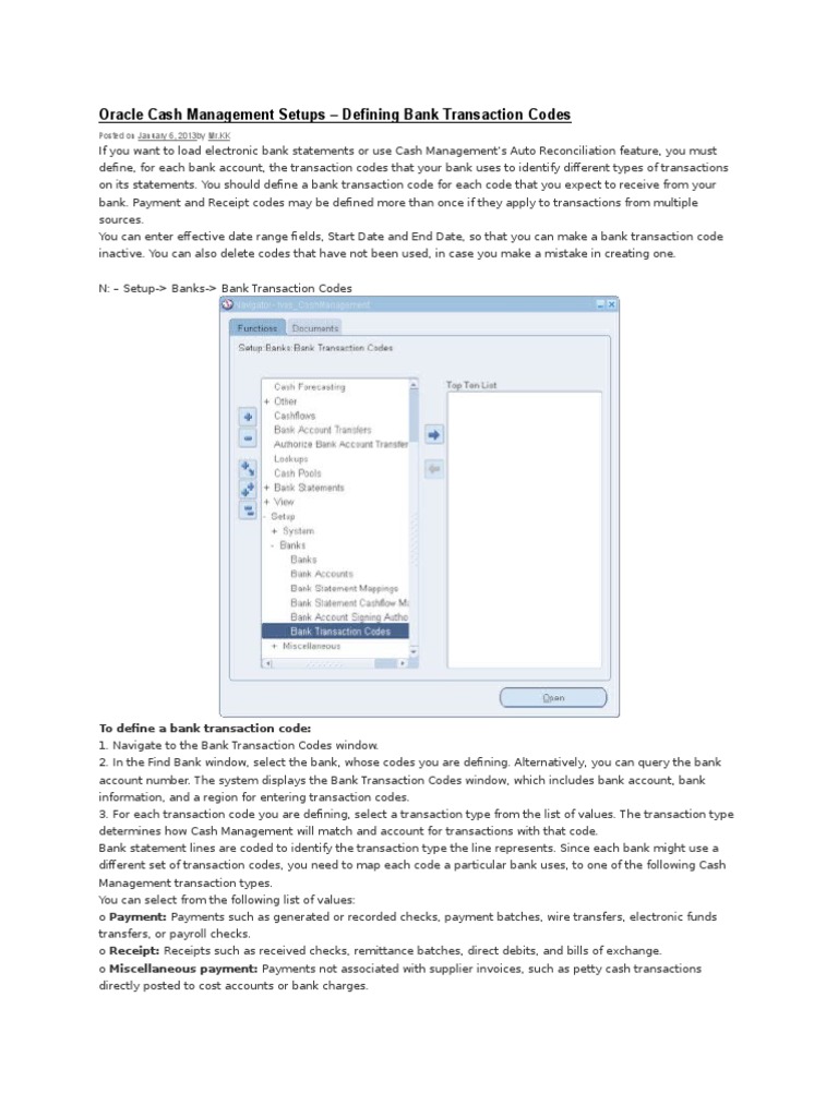 Bank Transaction Codes in R12 | PDF | Receipt | Cheque