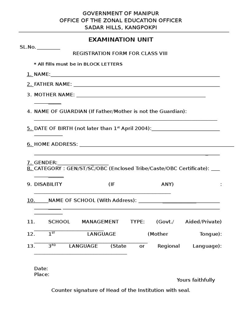 ZEO KPI 2016 Class VIII Registration Form | PDF
