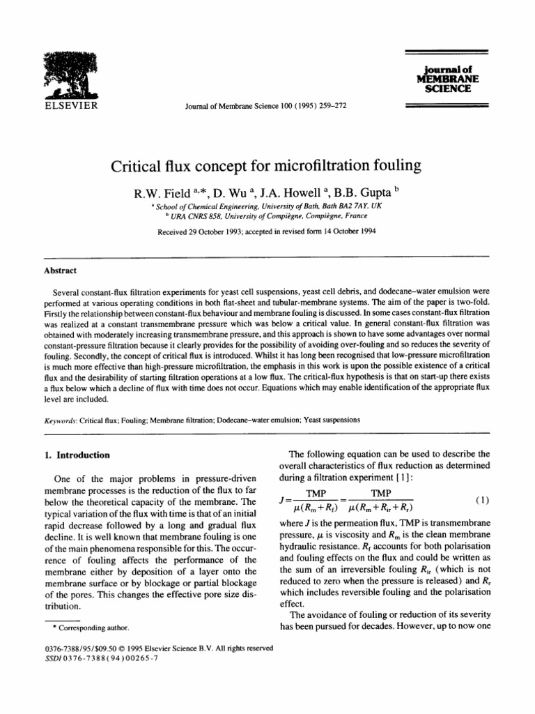 (1995) Field. Critical Flux Concept For Microfiltration Fouling | PDF ...