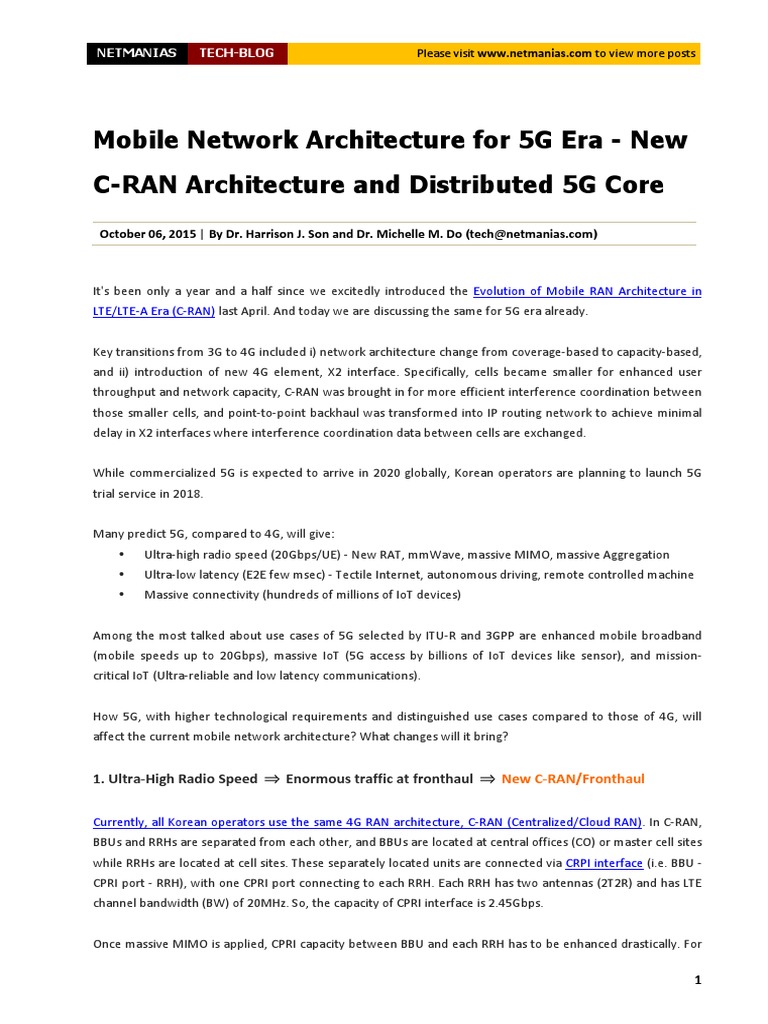 Mobile Network Architecture For 5G Era - New C-RAN Architecture and ...