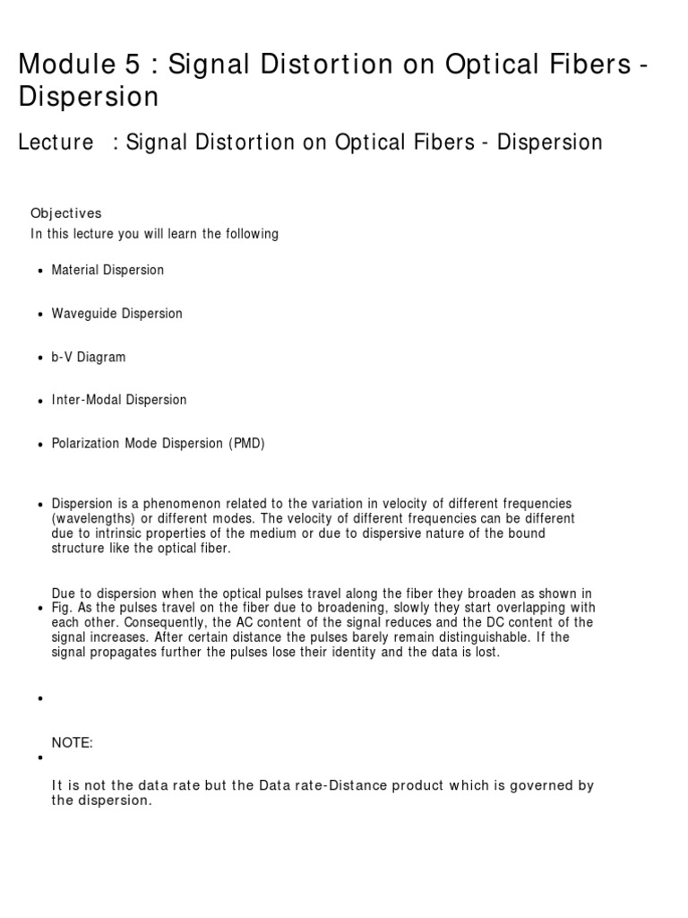 Lecture: Signal Distortion On Optical Fibers - Dispersion | PDF ...