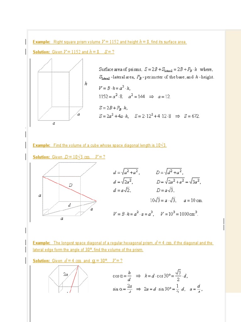 V 1152 H 8 V 1152 H 8 S ?: Example: Right Square Prism Volume Solution ...