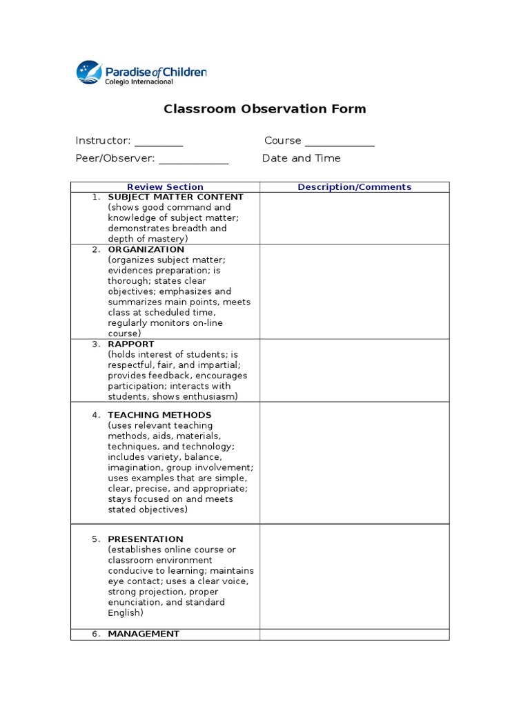 Classroom Observation Form | PDF