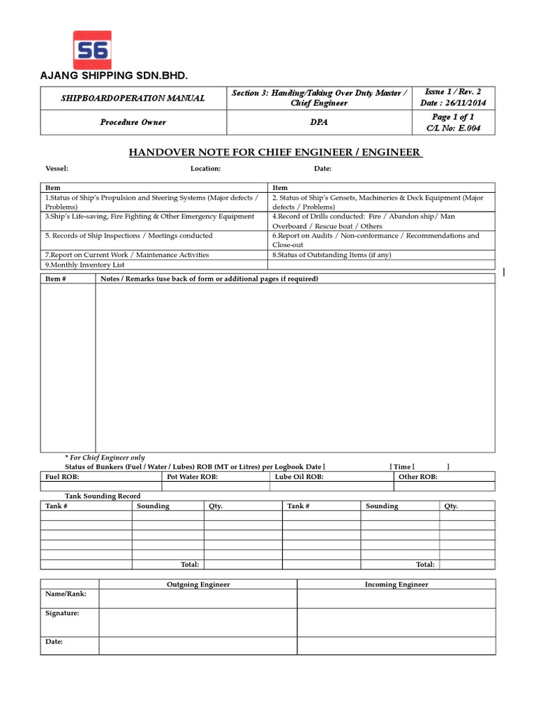 SOM 3 - E.004 Handover Note For Engineer 26.11.2014 | PDF