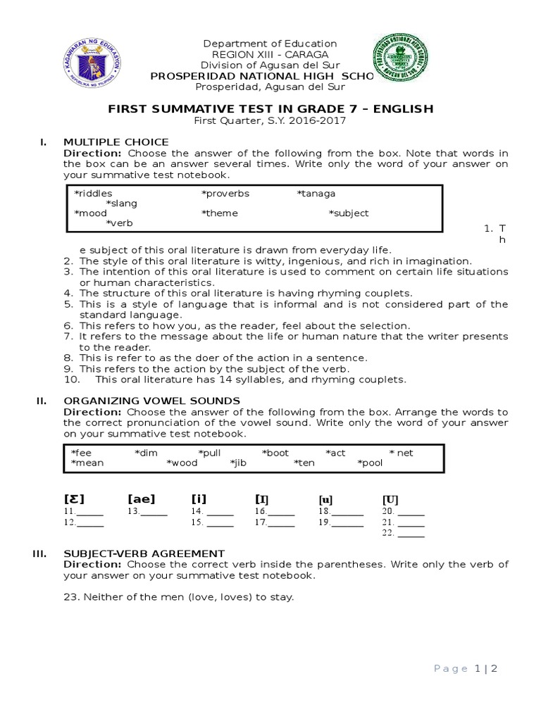 First Summative Test in Grade 7 - English: Riddles Proverbs Tanaga ...