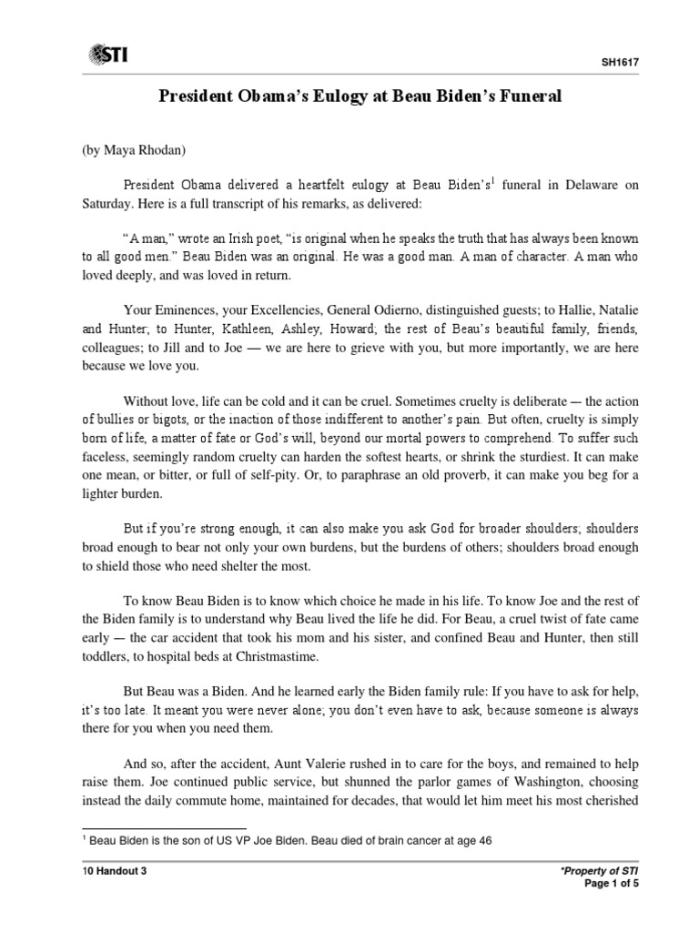 President Obama's Eulogy at Beau Biden's Funeral | Download Free PDF ...