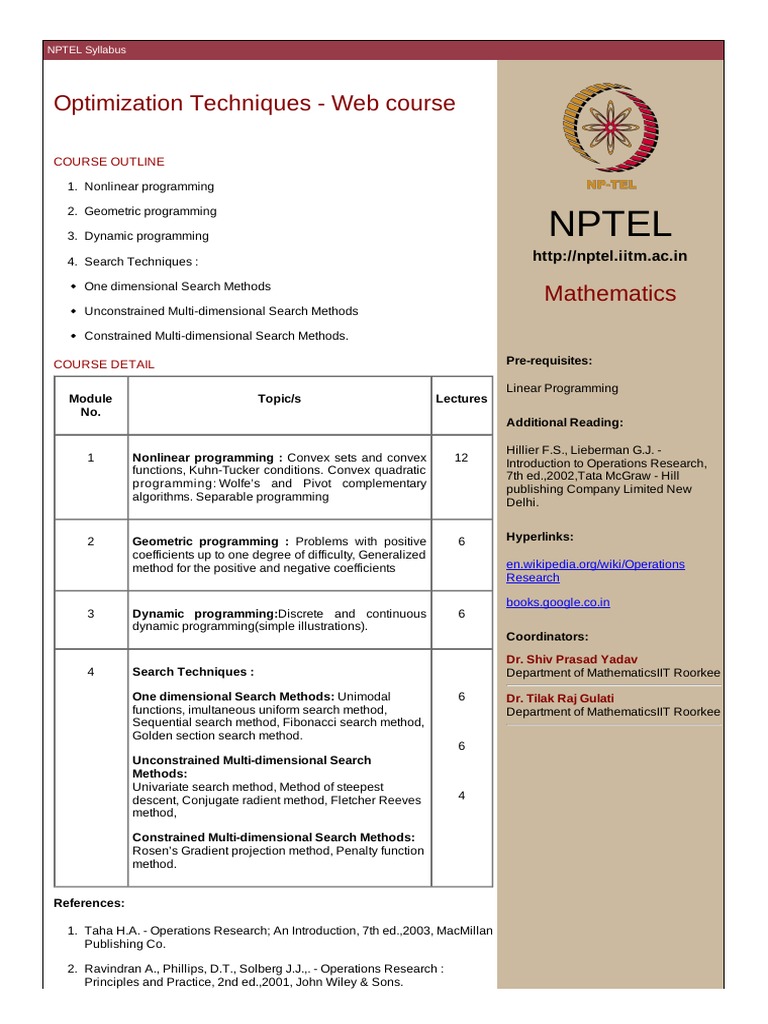 NPTEL Optimization Techniques Course | PDF | Nonlinear Programming | Mathematical Optimization
