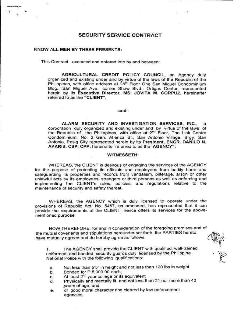 Contract of Security Services-sample | Security Guard | Employment