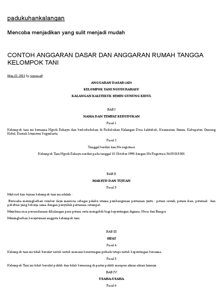 CONTOH ANGGARAN DASAR DAN ANGGARAN RUMAH TANGGA KELOMPOK TANI ...