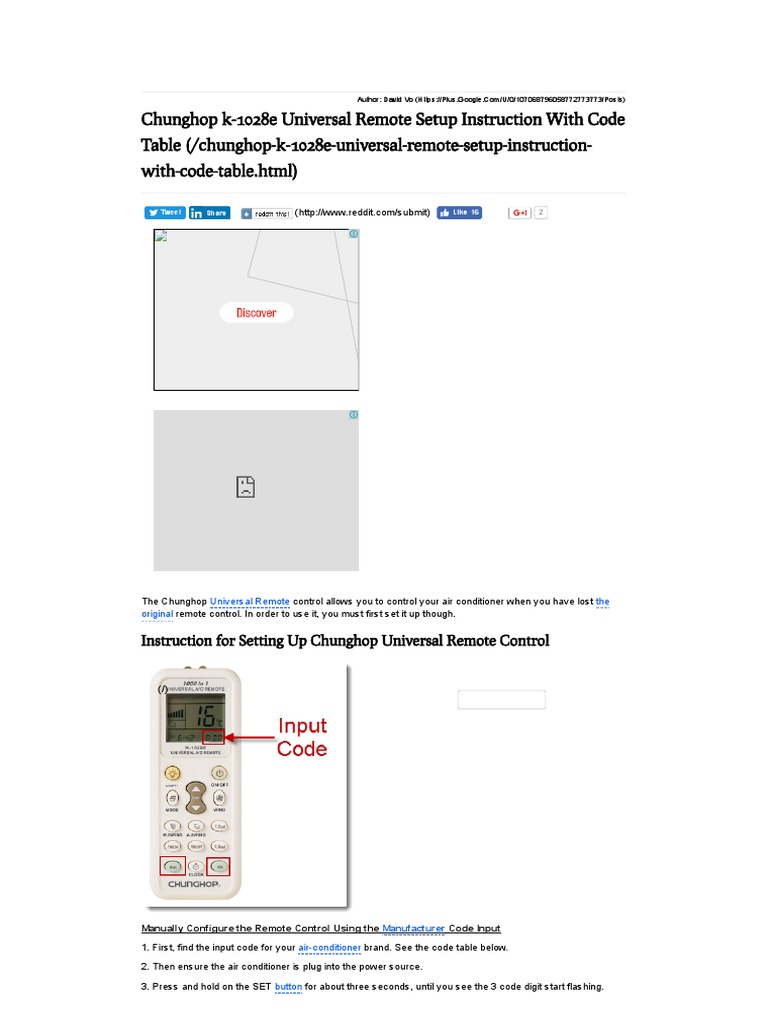 Chunghop K 1028e Universal Remote Setup Instruction With Code Table