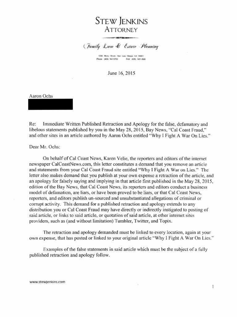 Letter From Stew Jenkins (CalCoastNews) To Aaron Ochs | PDF ...