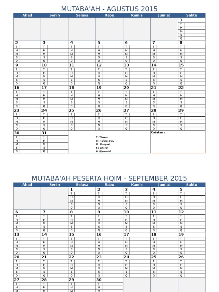 Mutaba'Ah - Agustus 2015: Ahad Senin Selasa Rabu Kamis Jum'at Sabtu | PDF