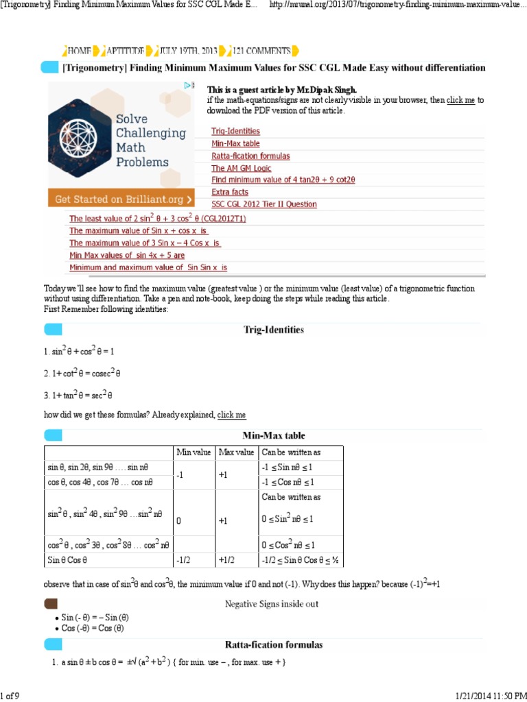 Trigonometry Finding Minimum Maximum Values For Ssc Cgl Made Easy