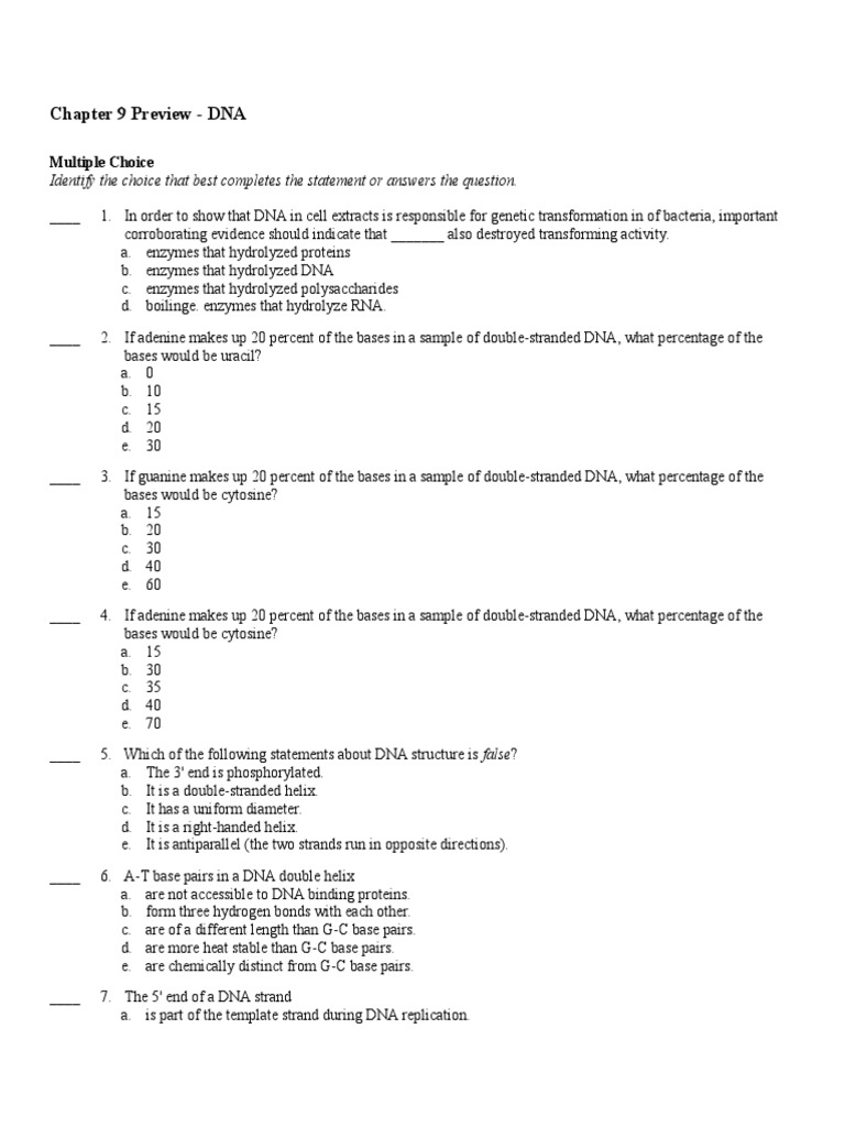 Chapter 9 Preview - DNA: Multiple Choice | PDF | Dna Replication | Mutation