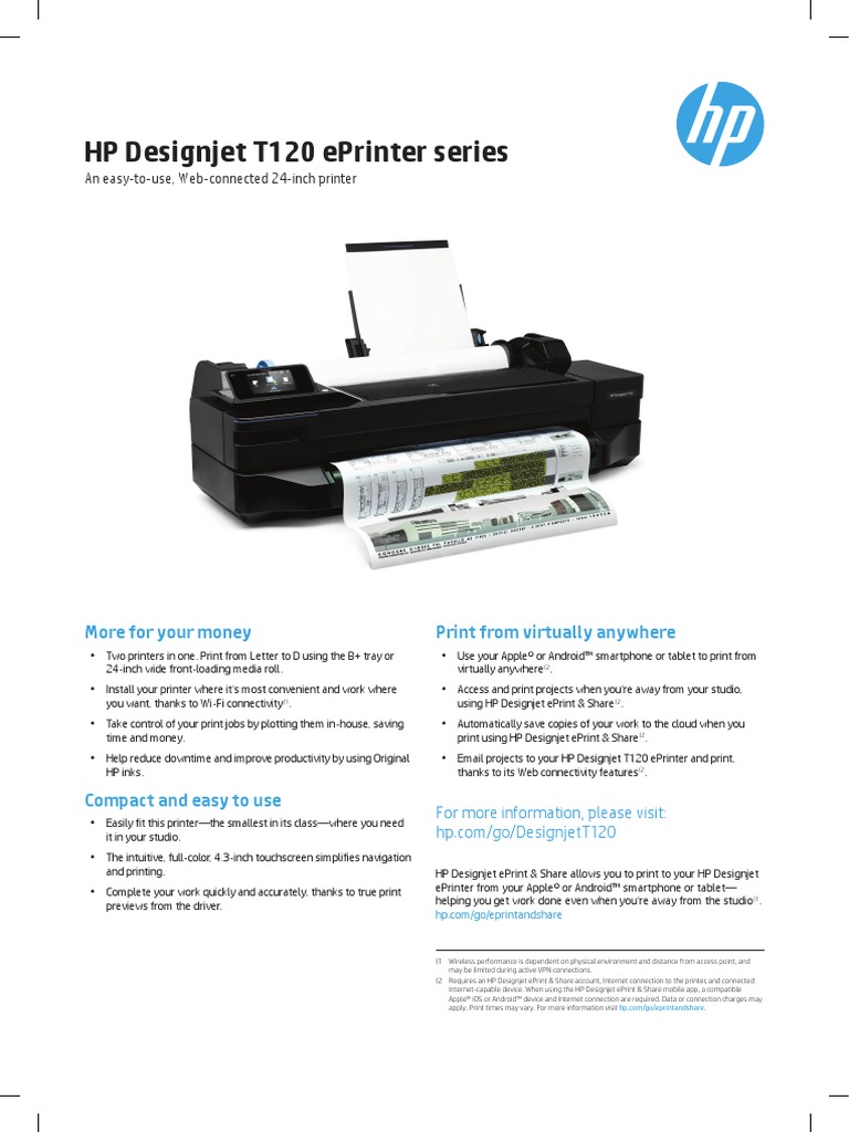 HP Designjet T120 Datasheet PDF | PDF | Printer (Computing) | Media ...