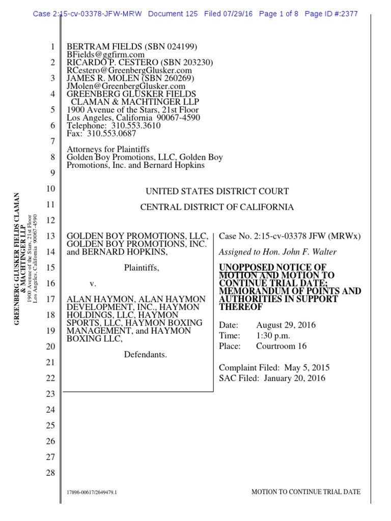 Unopposed Motion to Continue Trial Date | PDF | Continuance | Lawsuit
