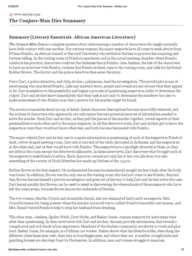 The Conjure Man Dies Notes | PDF | Harlem Renaissance | Detective Fiction