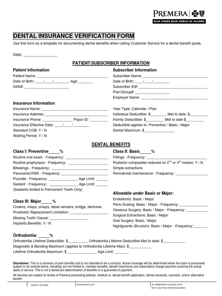 Dental Insurance Verification Form: Patient/Subscriber Information | PDF