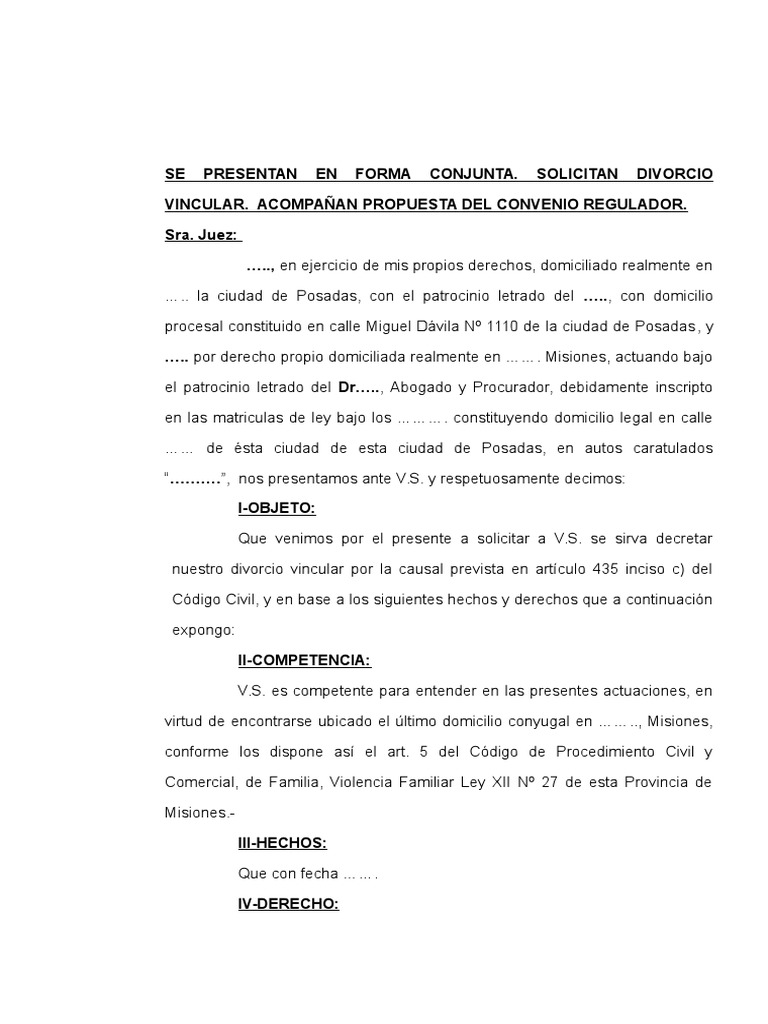 Solicitud de Divorcio Vincular y Acuerdo | PDF | Divorcio ...