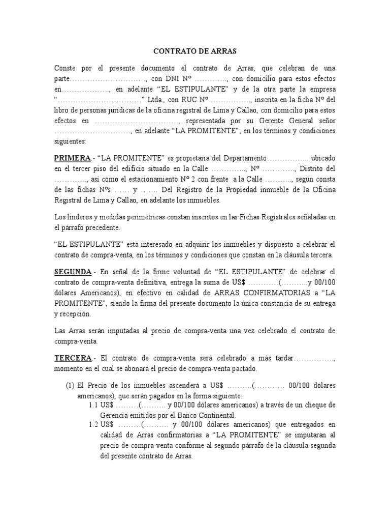 Modelo de Contrato Con Arras | PDF | Cheque | Derecho privado