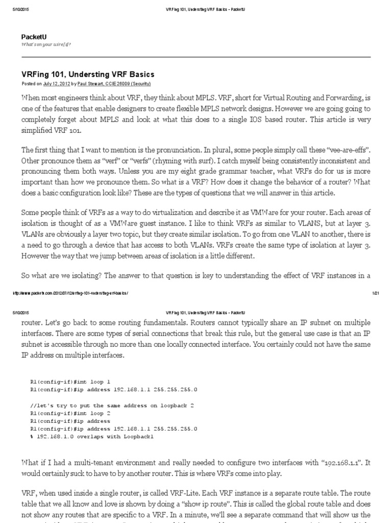 VRFing 101, Understing VRF Basics - PacketU PDF | PDF | Ip Address ...