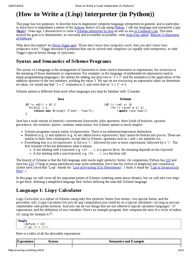 How To Write A Lisp Interpreter In Python Pdf Scheme