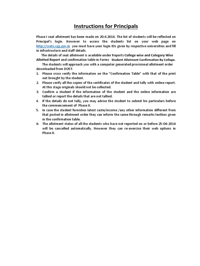 Instructions For Principals: Allotted Report and Confirmation Table in ...