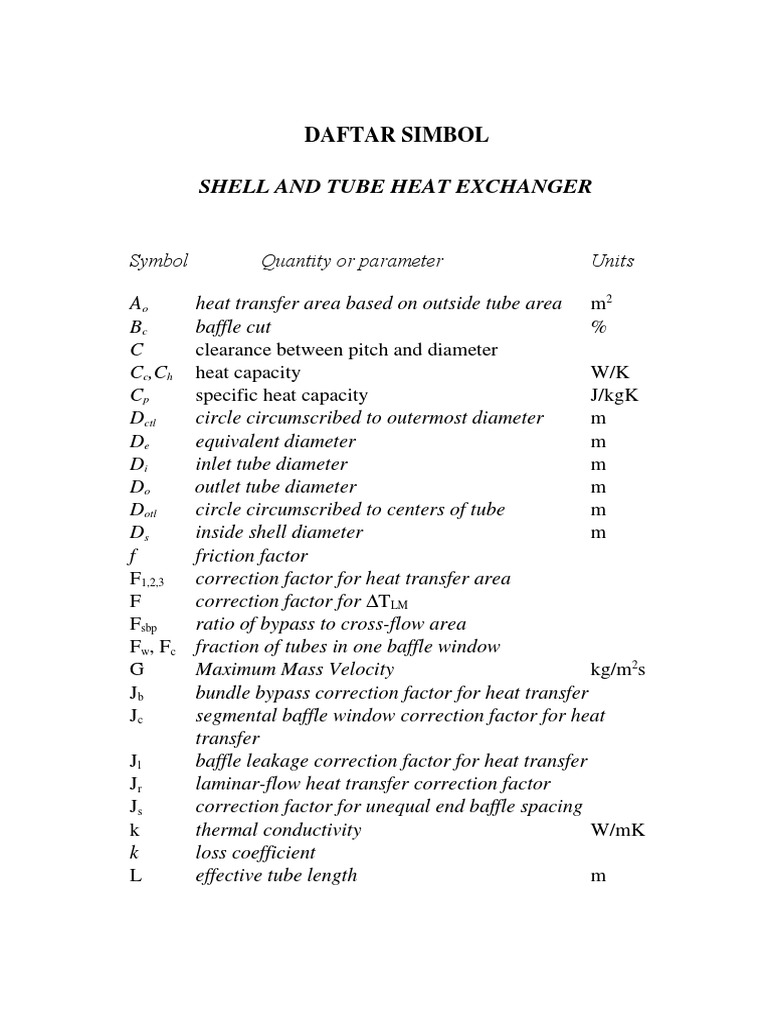Shell and Tube Heat Exchanger: Daftar Simbol | PDF | Heat Transfer ...