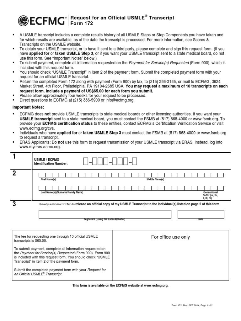 Request For An Official USMLE Transcript Form 172: Request Form ...
