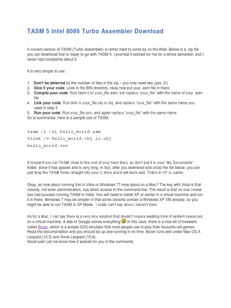TASM 5 Intel 8086 Turbo Assembler Download: Tasm /L /zi Hello - World ...