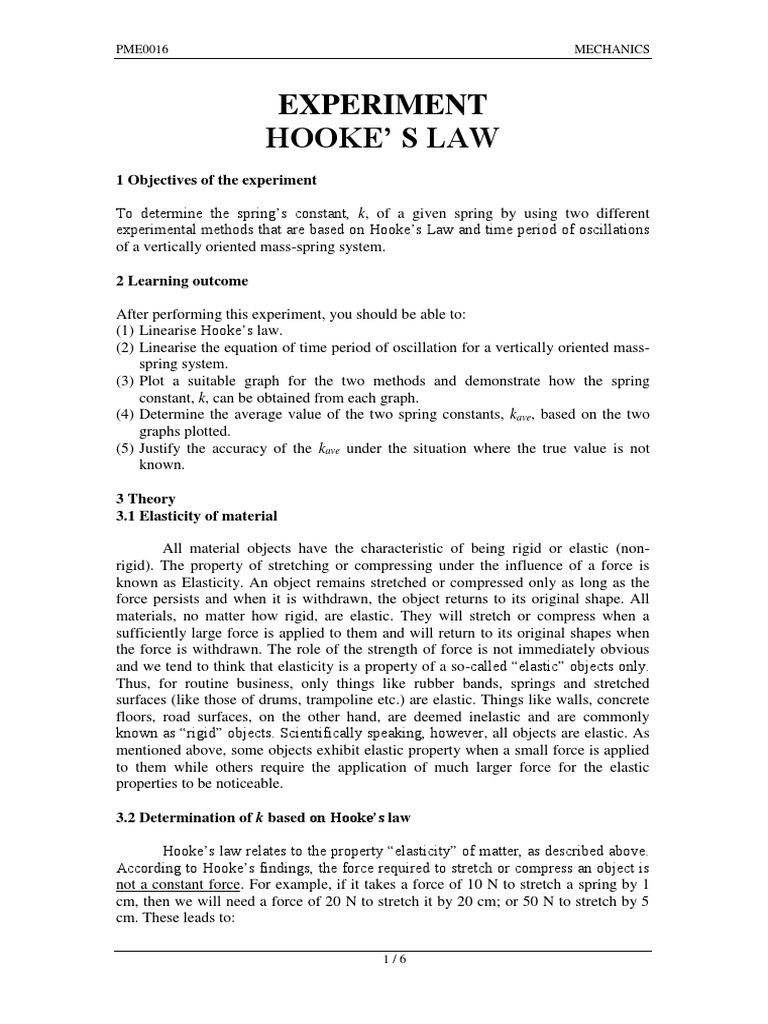 Experiment Hooke' S Law: 1 Objectives of The Experiment | PDF ...