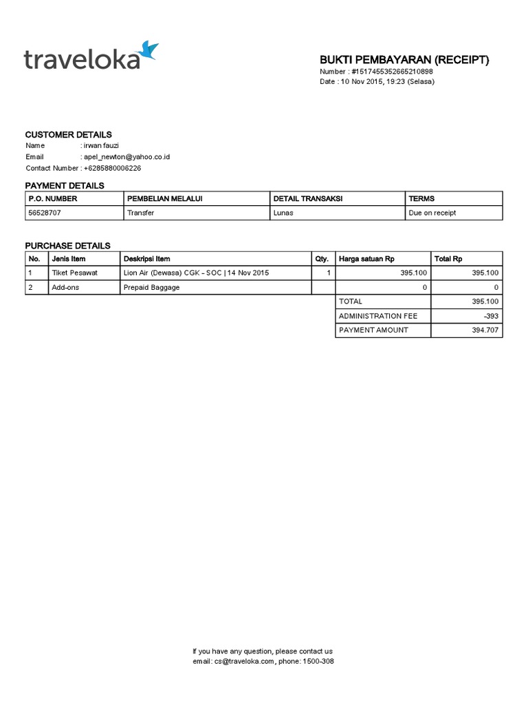 Bukti Pembayaran Receipt Traveloka Tiket Pesawat | PDF