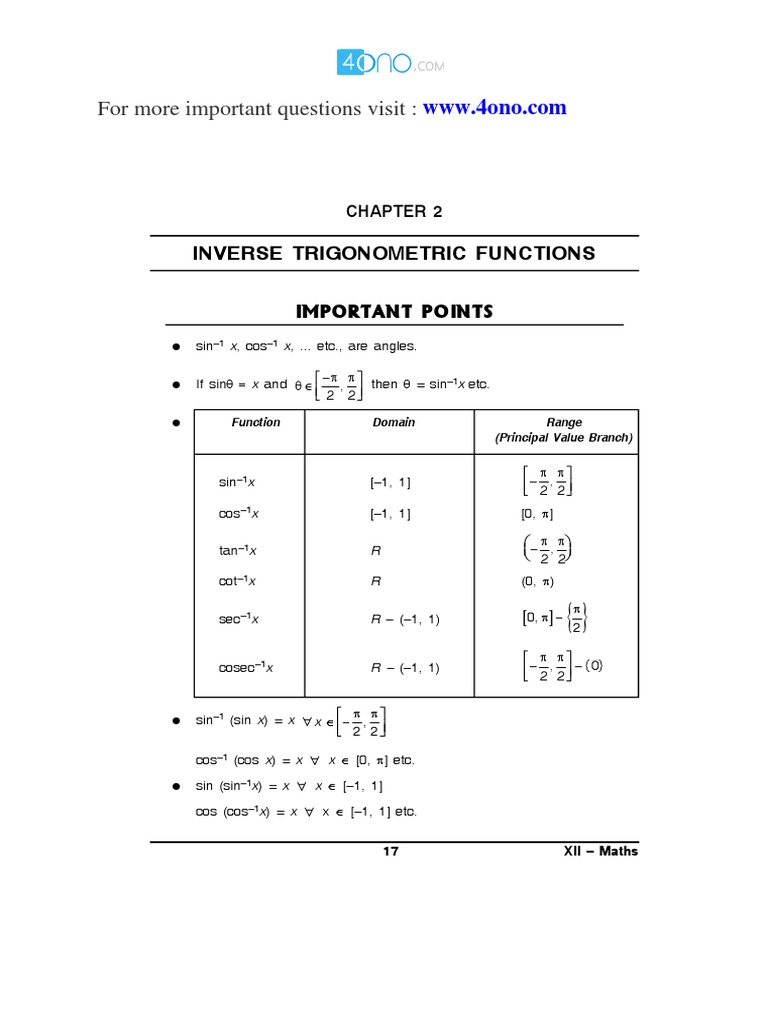 12 Mathematics Impq CH2 Inverse Trigonometric Functions 01 | PDF
