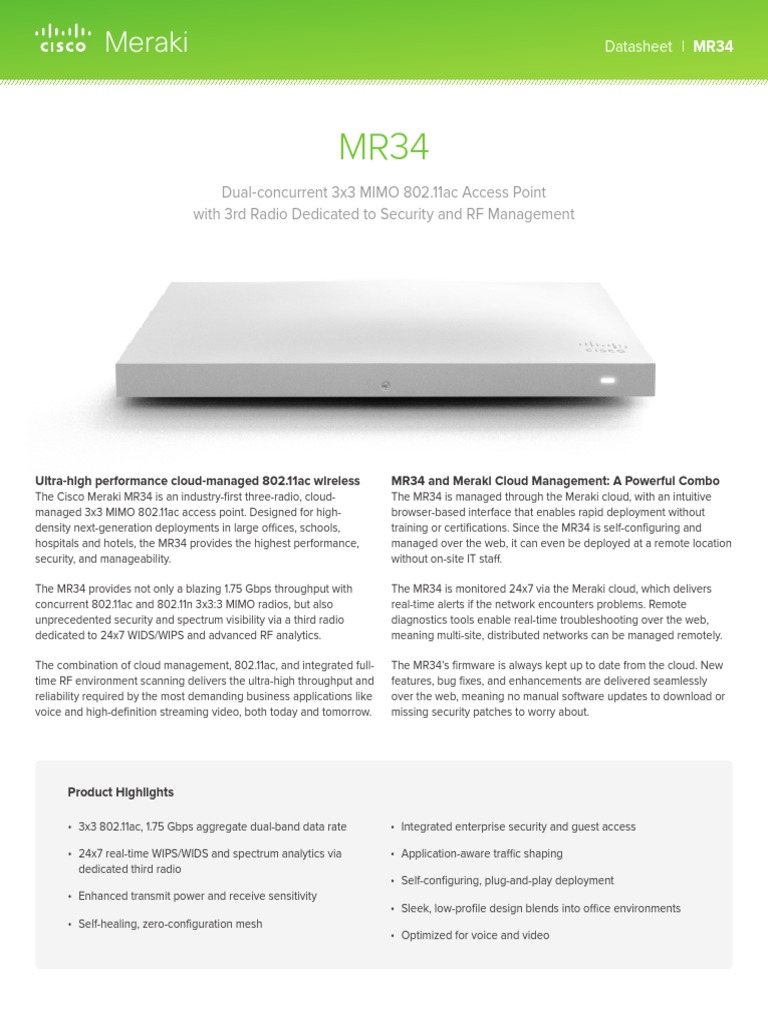 Meraki Datasheet MR34 | PDF | Wireless Lan | Ieee 802.11