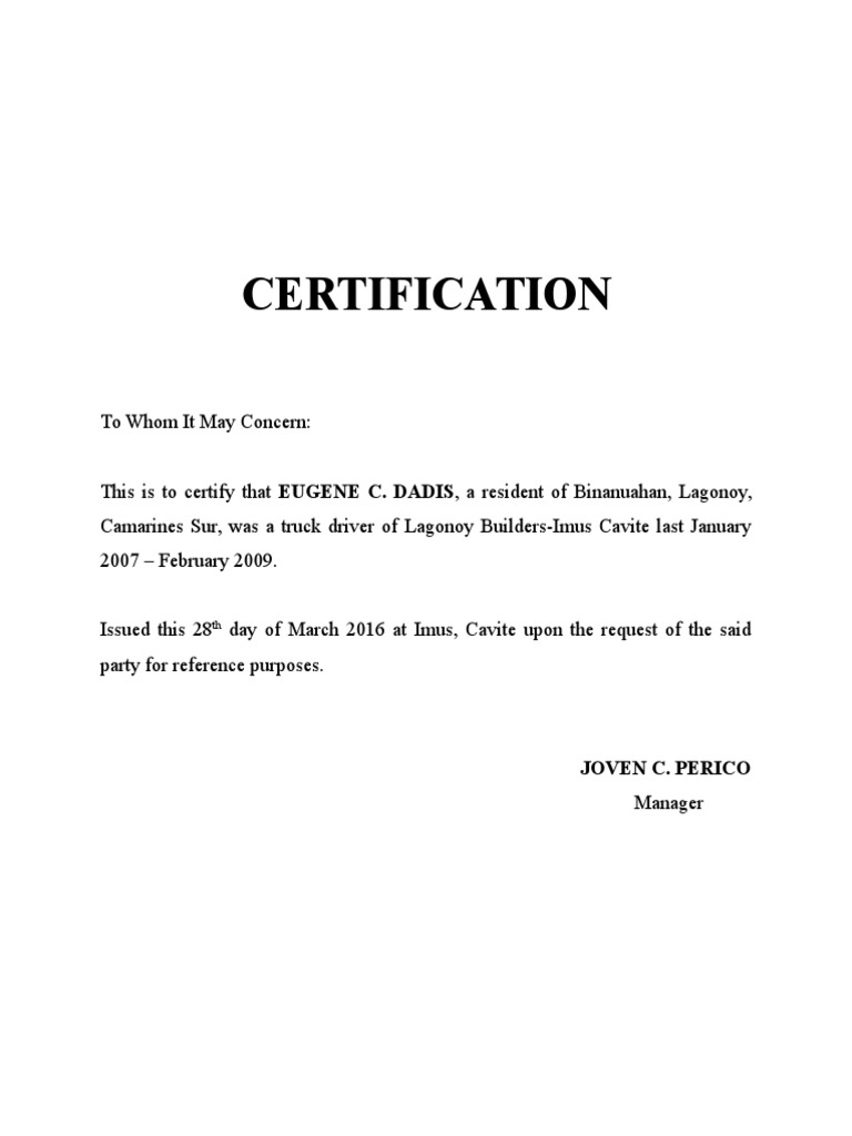 Certification: Joven C. Perico | PDF