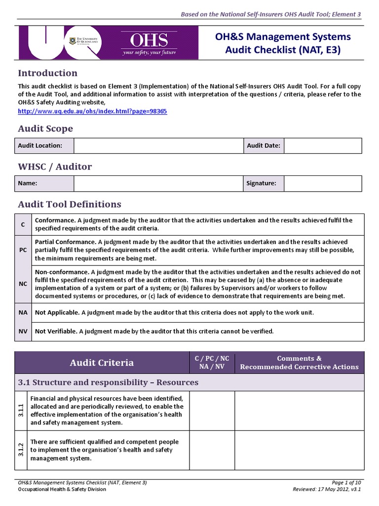 OH&S Management Systems Audit Checklist (NAT, E3) | Download Free PDF ...